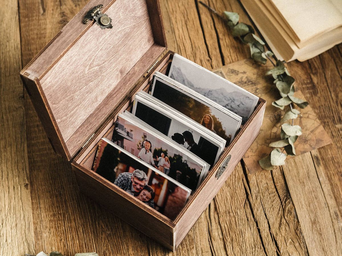 Heirloom Wooden Photo Box - Engraved Memory Keeper for Family Photos